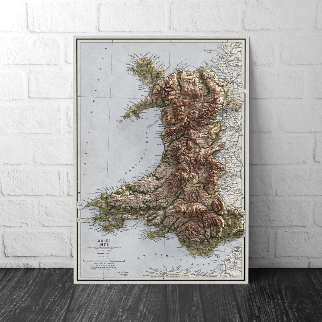 Wales Map - Vintage Cymru Elevation Map - 1872 - 2D Welsh Poster - 3D ...
