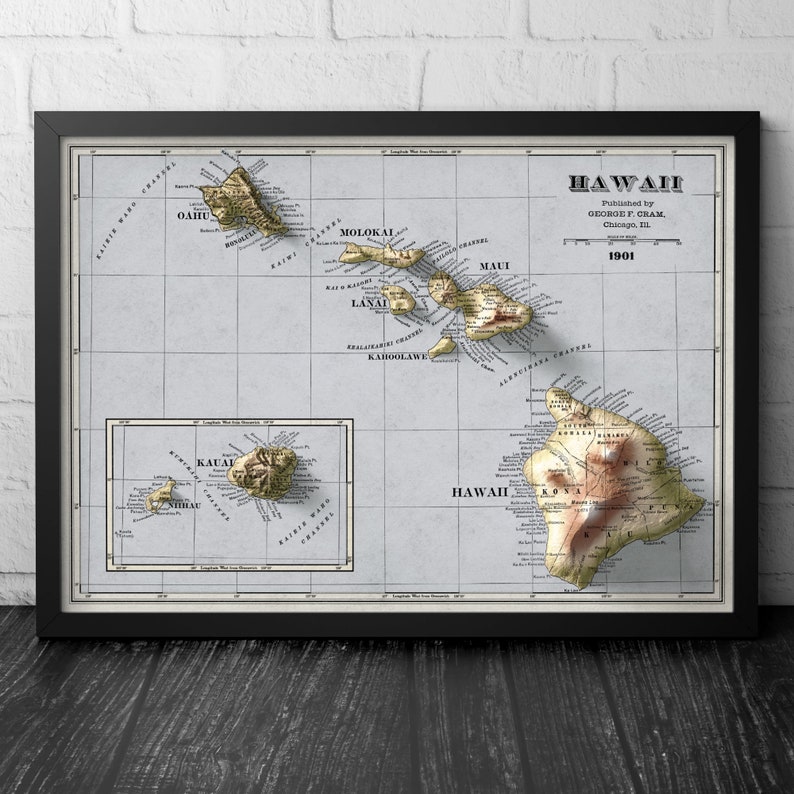Hawaii Map - USA - 1901 Retro Print - 2d Shaded Map - Kauai - Maui ...