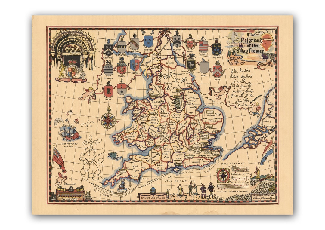 The Pilgrims of the Mayflower| Old Map of England and Holland| Vintage ...