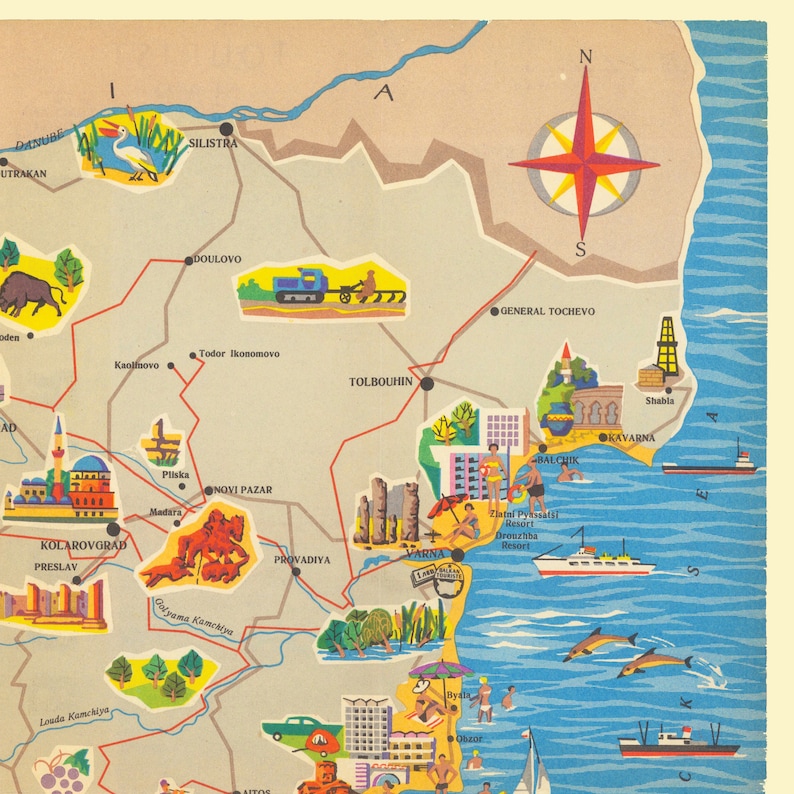 Bulgaria Tourist Map - Old Print of Bulgaria - Berkovista - Rousse ...
