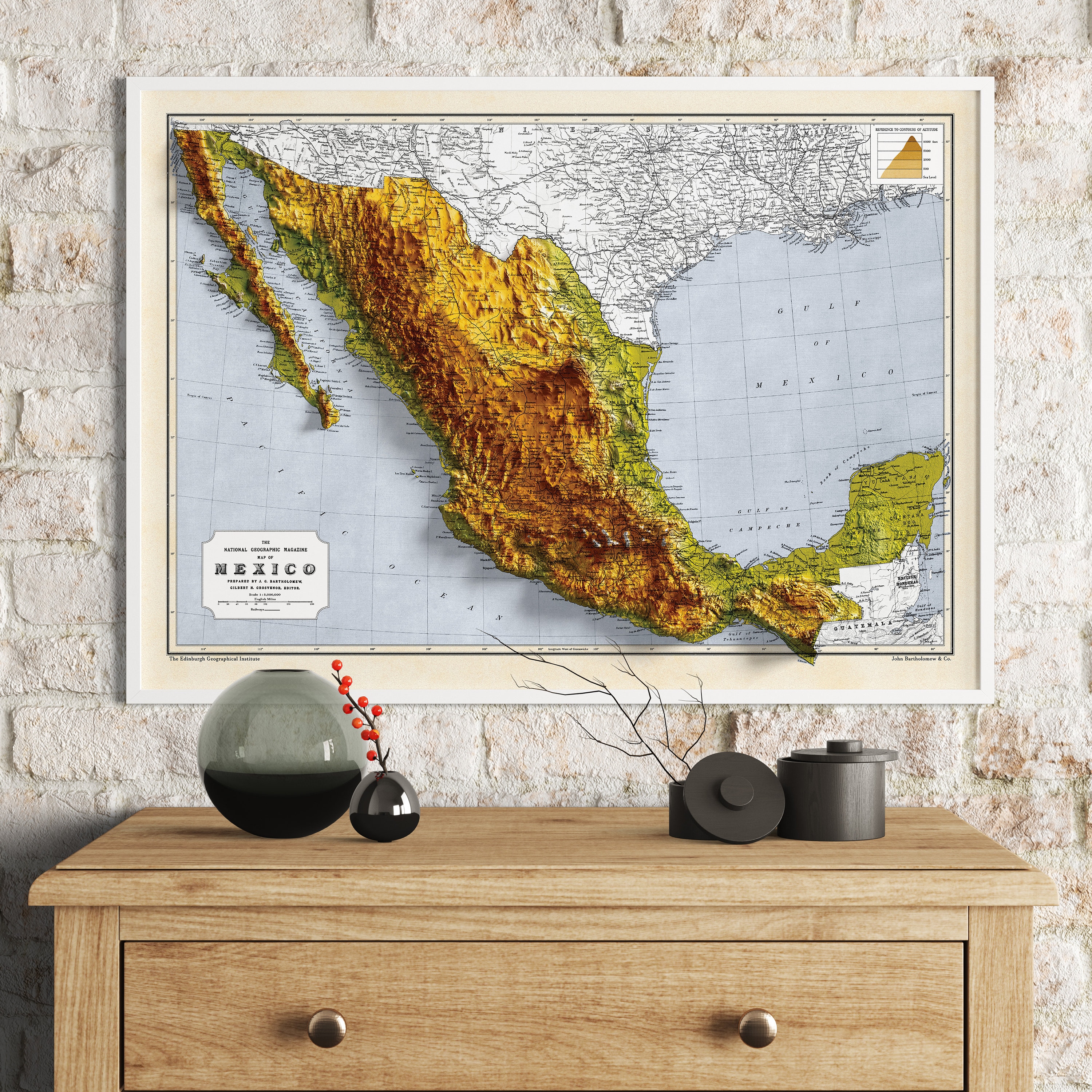 Mexico Topographic Map - 2D Giclée Print - 3D Effect Shaded Relief ...
