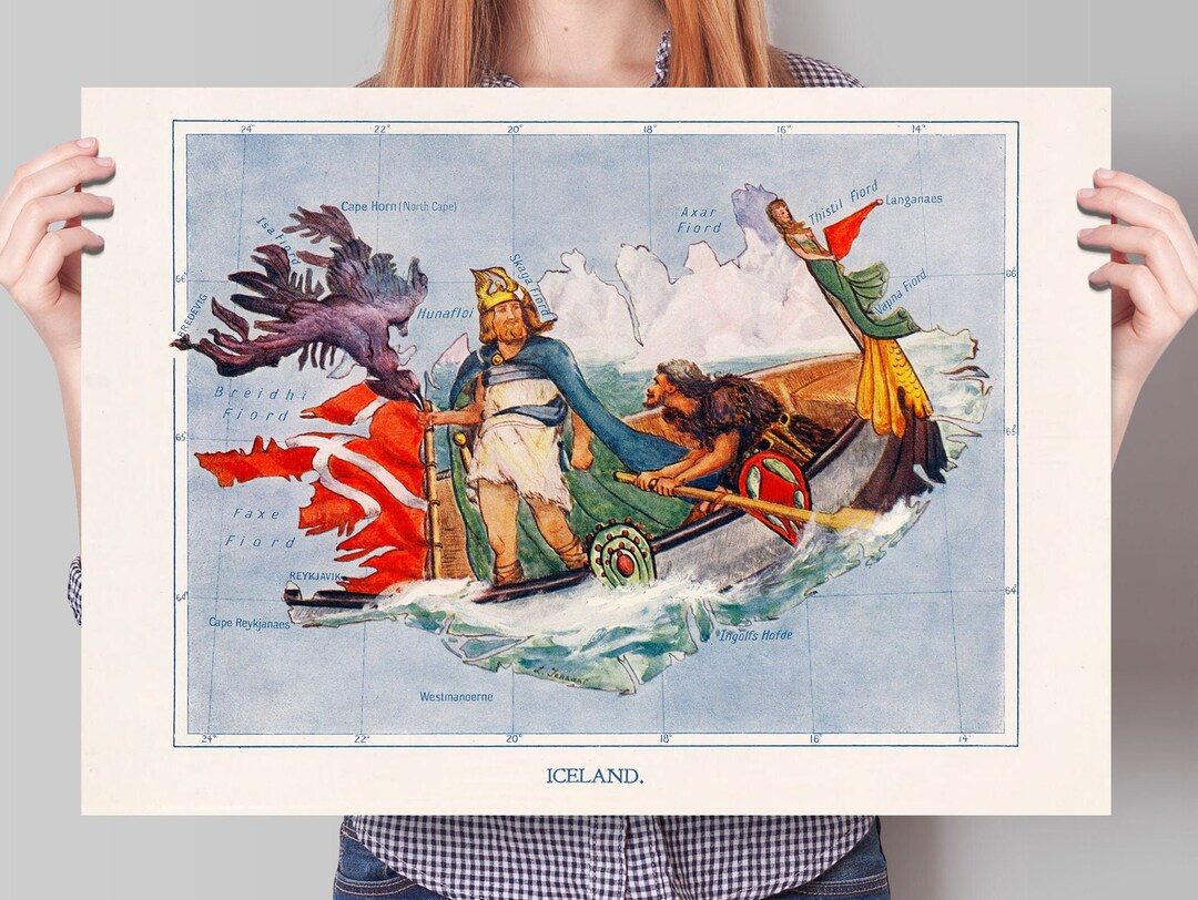 Old Pictorial Map of Iceland - Viking Print - Norse Poster - Lilian ...