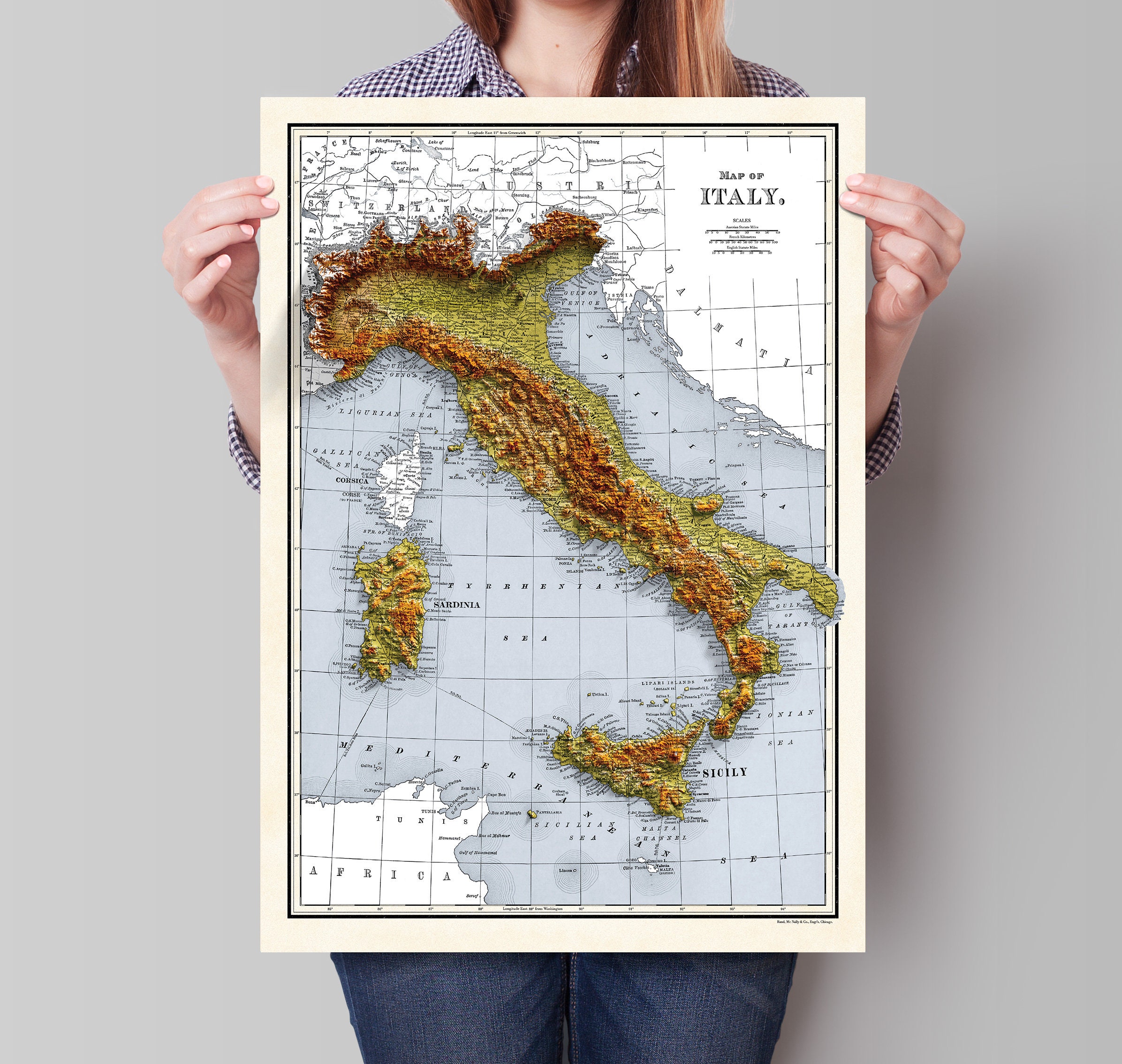 Italy Map - 1894 Vintage Italy Shaded Relief Map - 3D Illusion ...