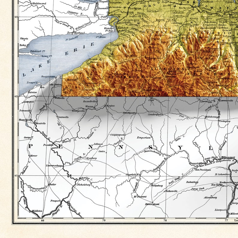 New York Map - 1831 Vintage Relief Map Print With 3D Illusion ...