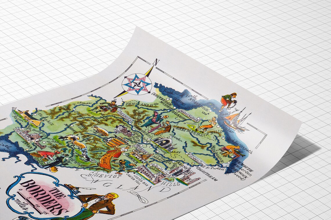 Pictorial Map of the Borders in Scotland Haddington | Etsy