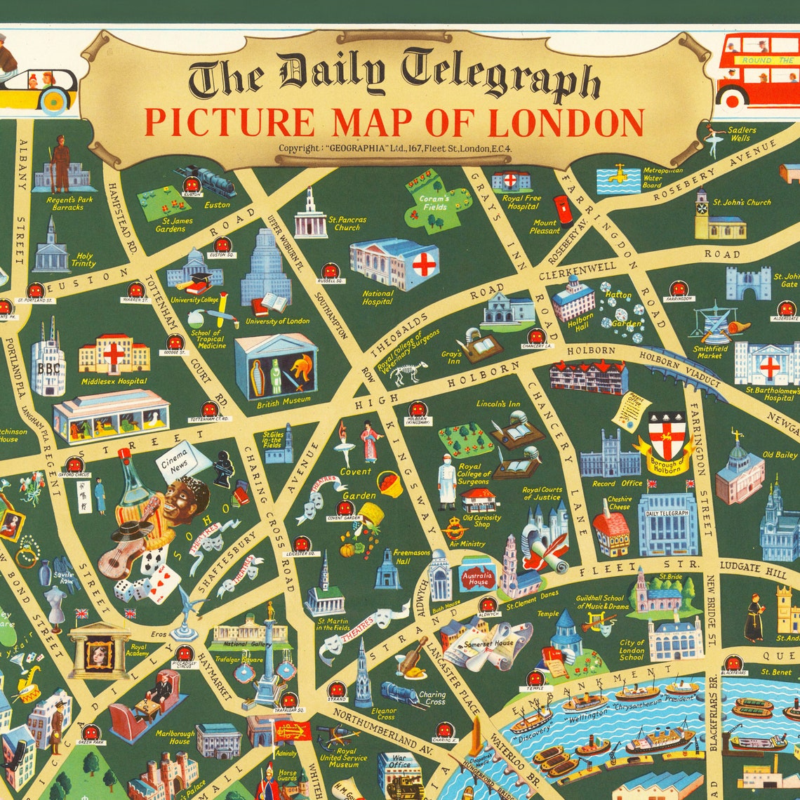 Old Pictorial Map of London - the Daily Telegraph Picture Map of London ...