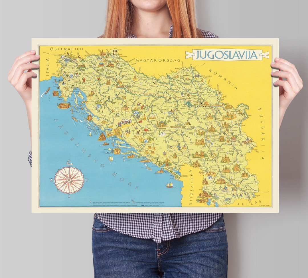 Jugoslavia Map - Vintage Reproduction of 1954 Jugoslavija Print ...