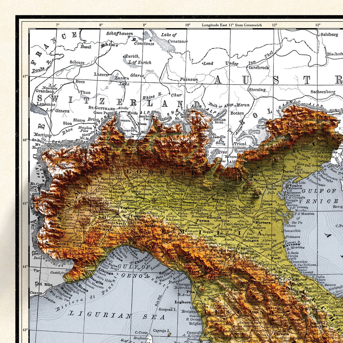 Italy Map - 1894 Vintage Italy Shaded Relief Map - 3D Illusion ...