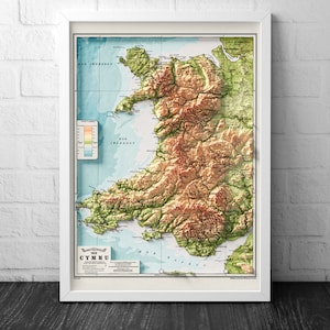 Wales Map - Cymru Elevation Map - 1913 - 2D Welsh Vintage Poster - 3D ...