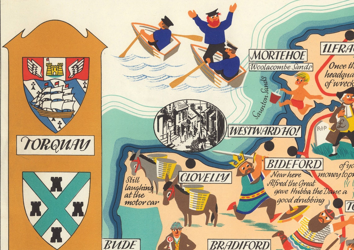 Devon Pictorial Map Vintage Antique 1950 Old Map Wall | Etsy