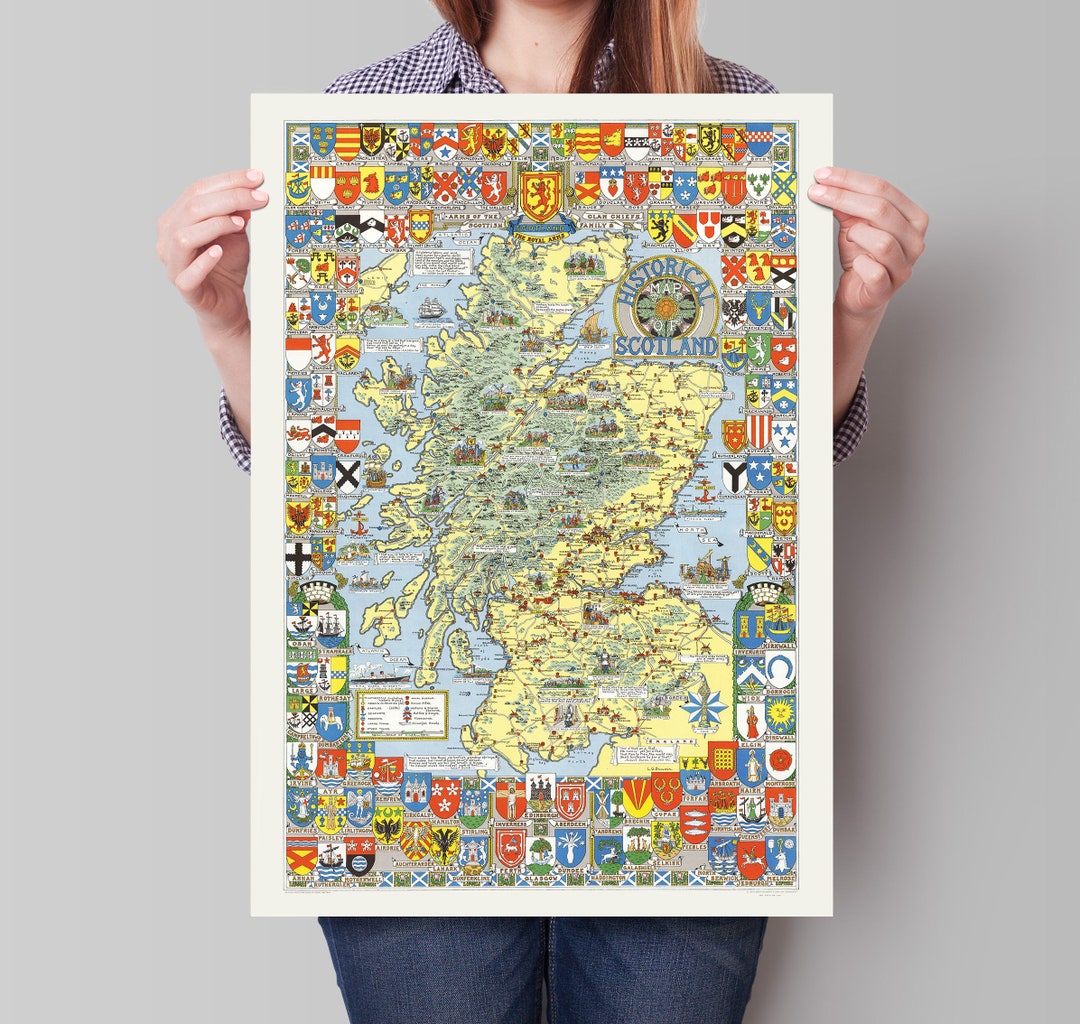 Historical Scotland Map, Pictorial Scottish Map, Large Map, Fine Art ...