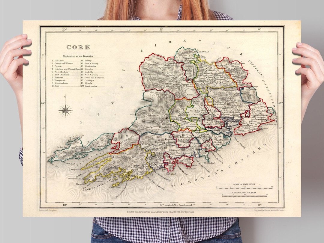 Cork Map - Old Antique Reproduction Print of County Cork in Ireland ...