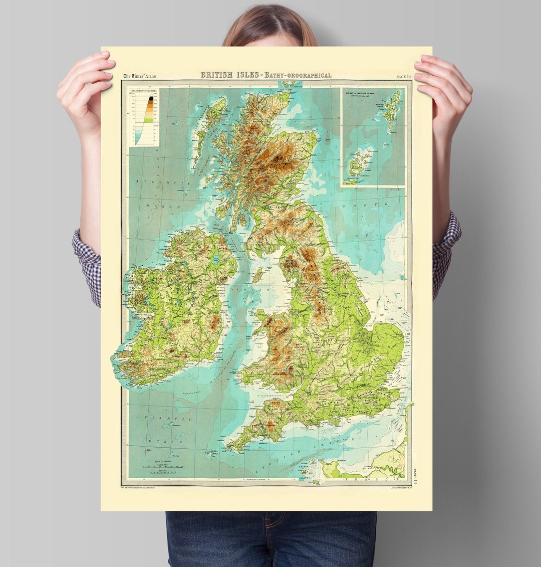 British Isles Map - Bathyorographical - Ocean Depths and Mountain ...