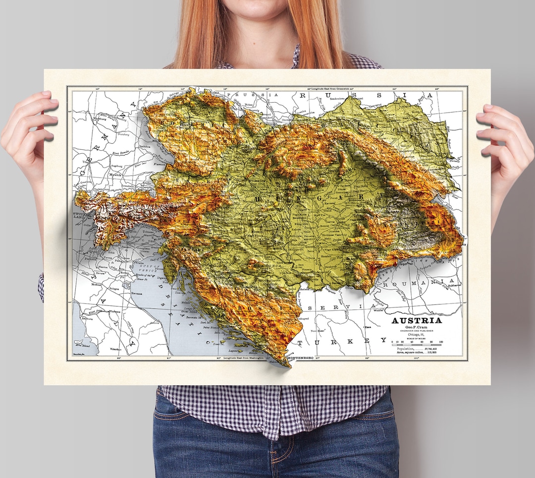 Austria Map - 2D Shaded Relief Map With 3D Effect - Bartholomew Print ...
