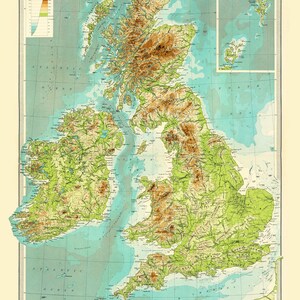 British Isles Map - Bathyorographical - Ocean Depths and Mountain ...