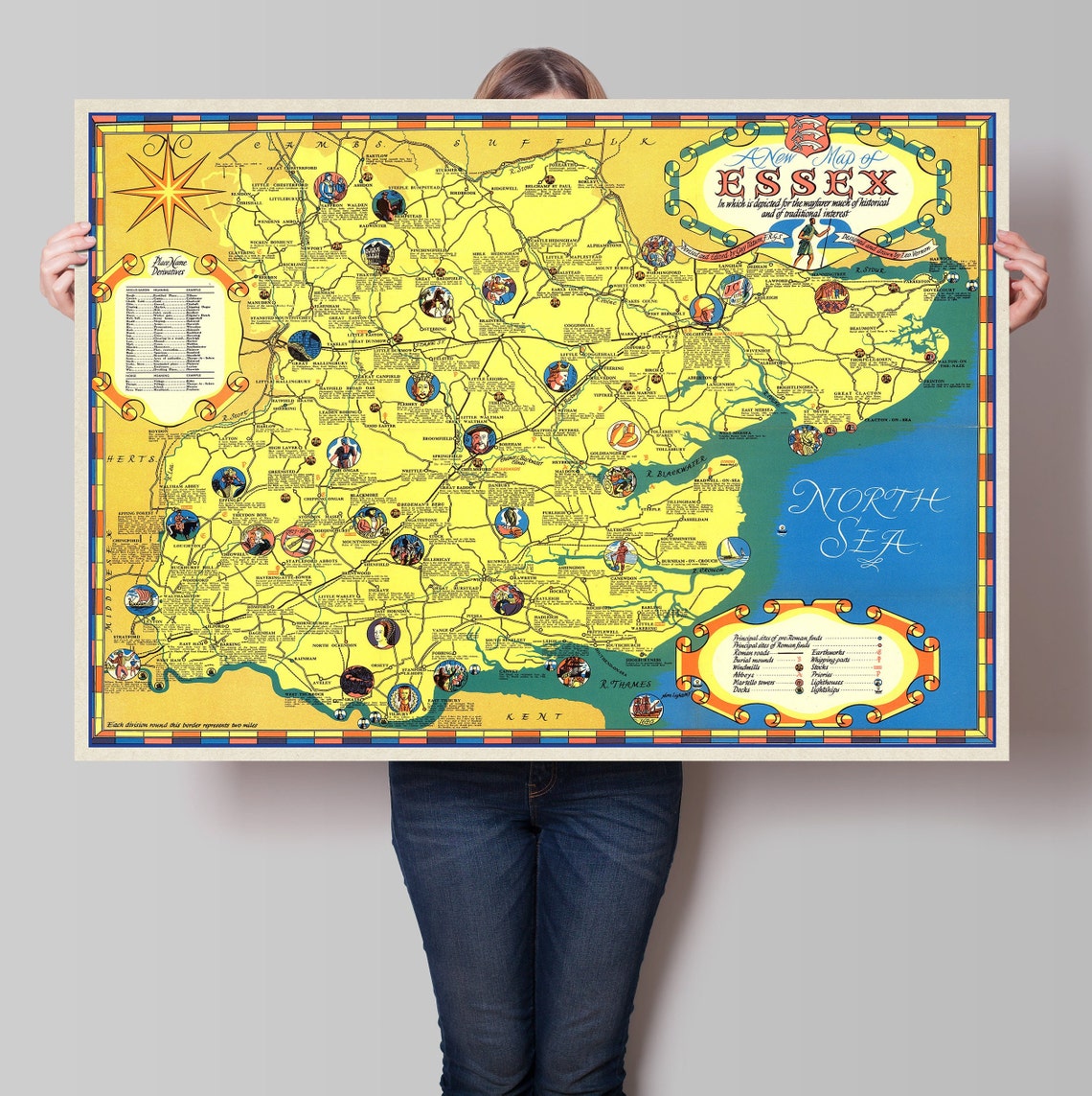 Essex Map Vintage Historic Pictorial Print Old English Etsy