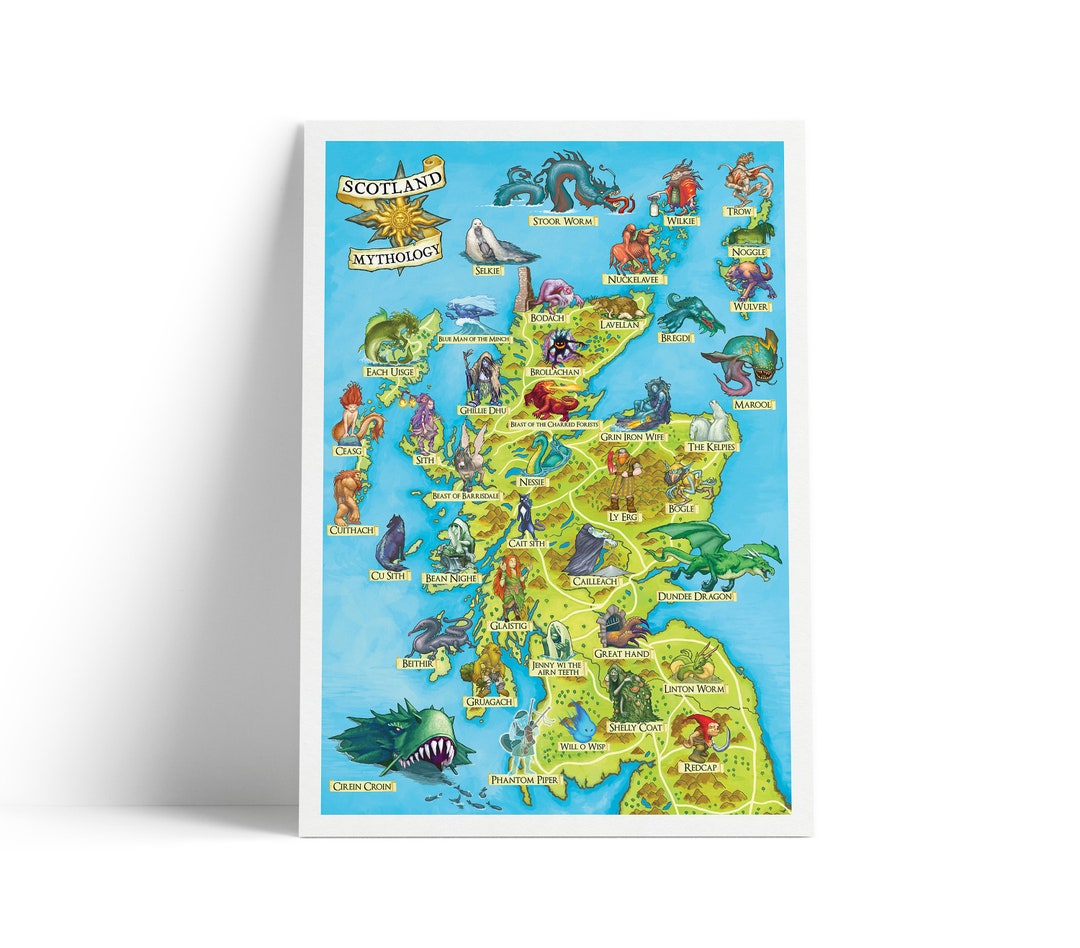 Illustrated Map of Scottish Mythology - Featuring Mythical Beasts and ...
