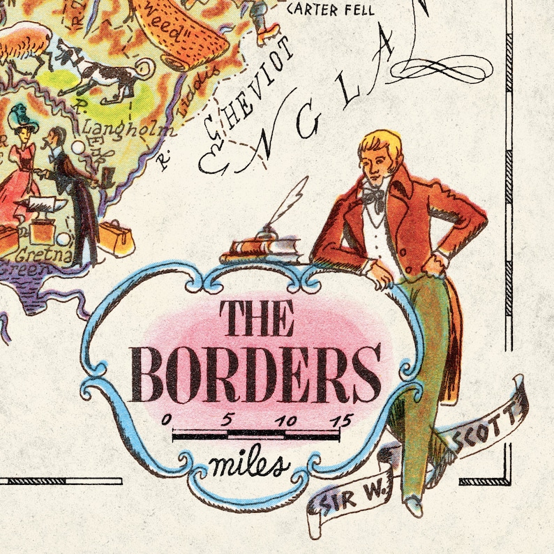 Pictorial Map of the Borders in Scotland - Haddington - Peebles ...