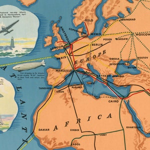Vintage World Aviation Map "famous Flights and Air Routes of the World ...