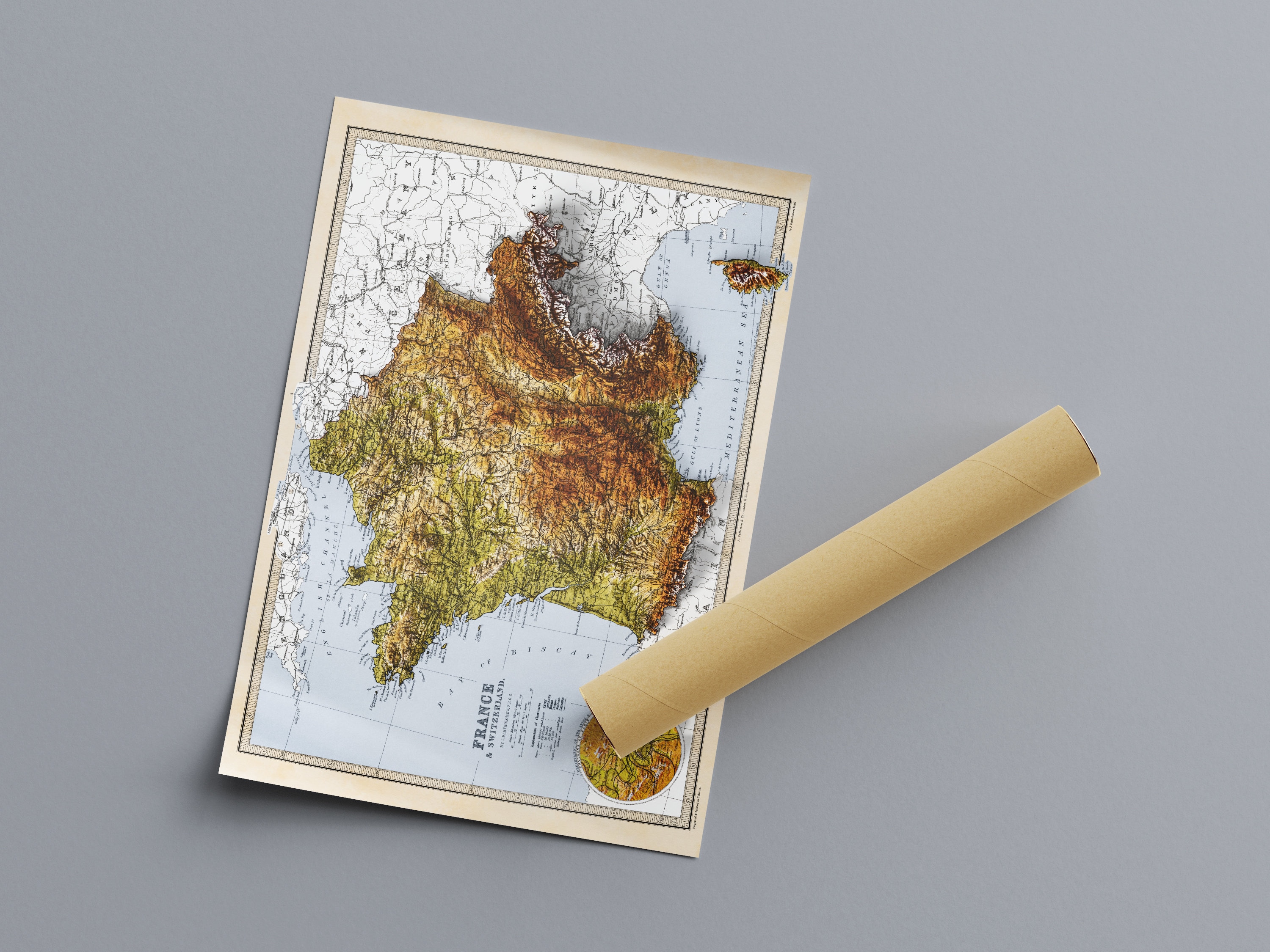 France & Switzerland Map Elevation Map 2D Vintage Poster - Etsy