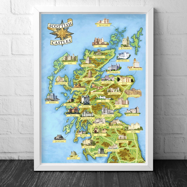 Scottish Castles - Illustrated Map - Scotland Print Poster - Dunnottar ...