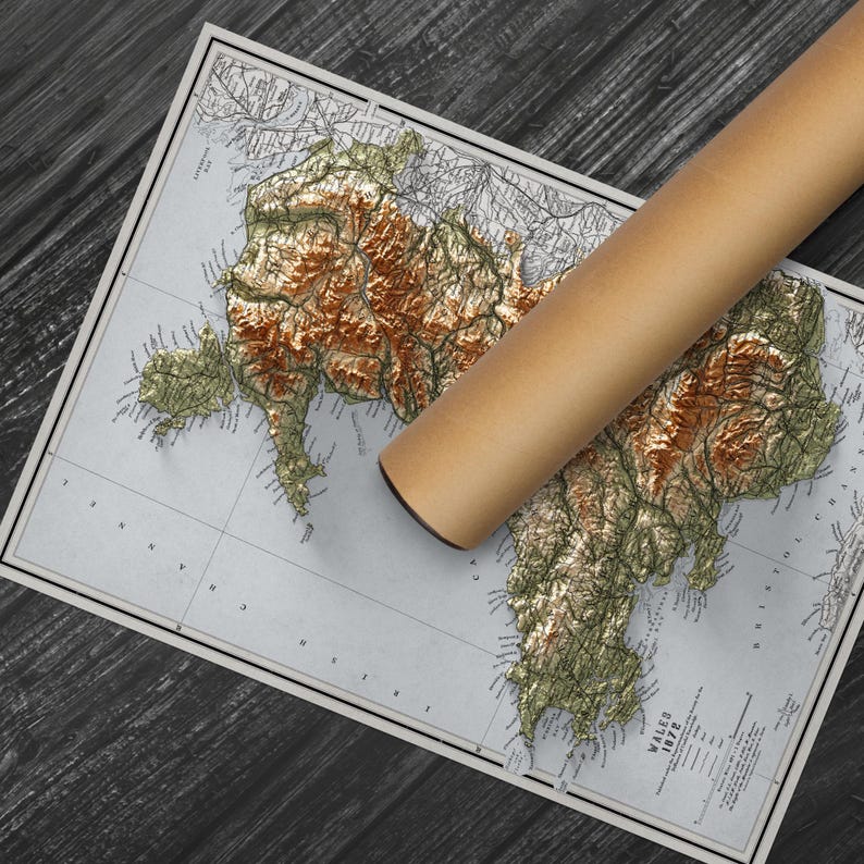 Wales Map - Vintage Cymru Elevation Map - 1872 - 2D Welsh Poster - 3D ...