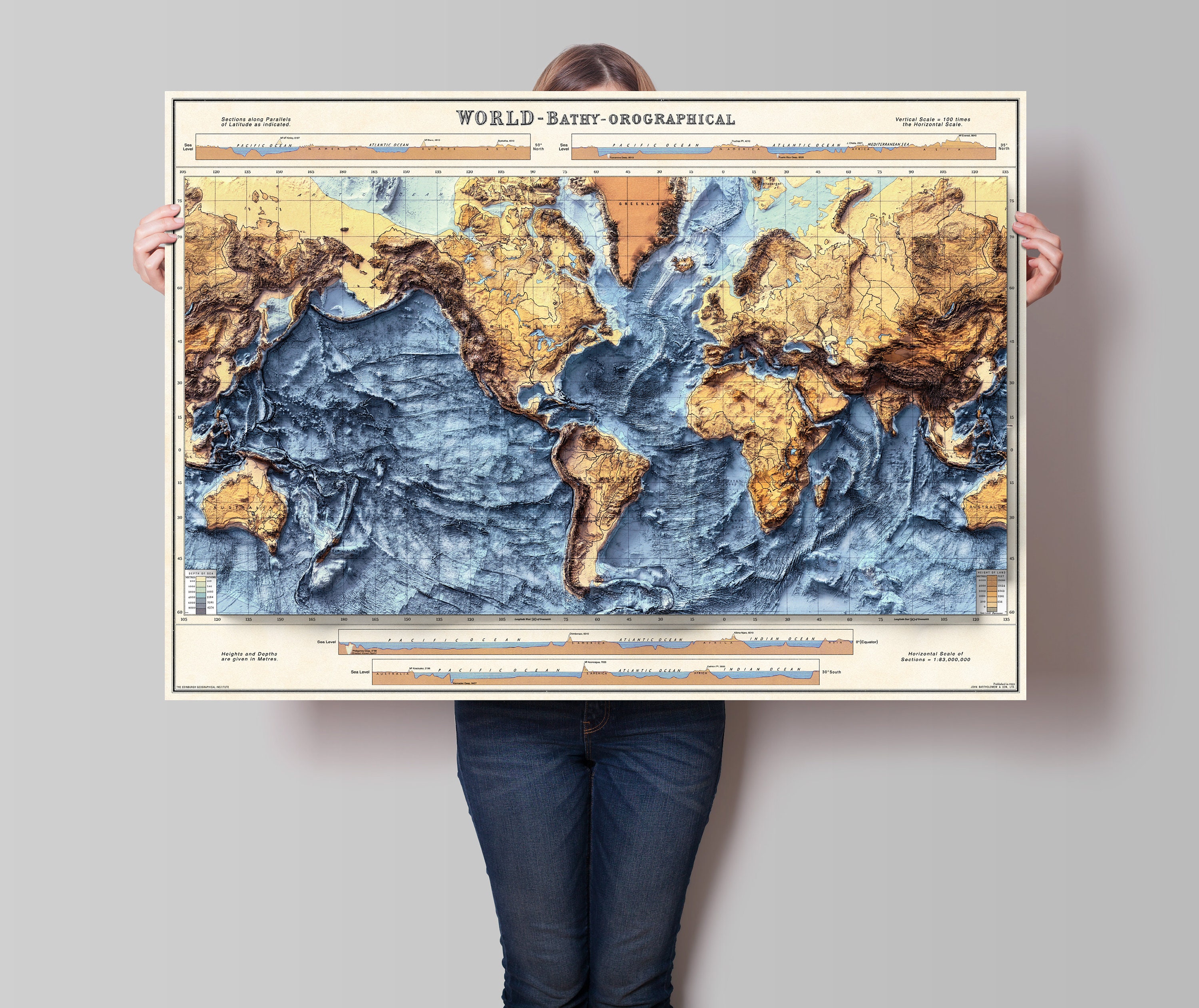 World Bathymetry - Shaded Relief Map - Detailed Topography - Vintage ...