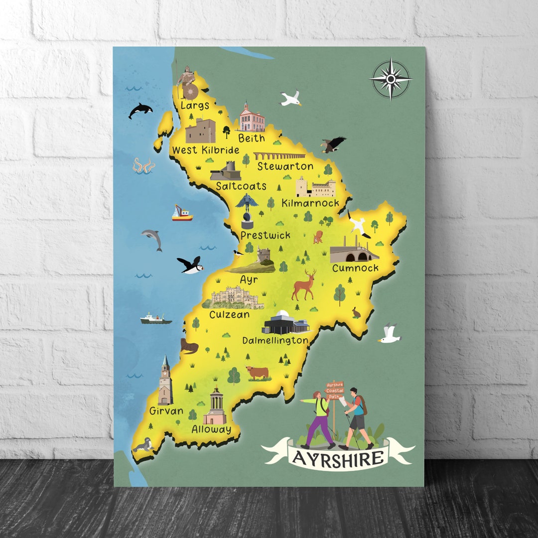 Ayrshire Map | Pictorial Poster | Ayr | Saltcoats | Prestwick | Girvan ...