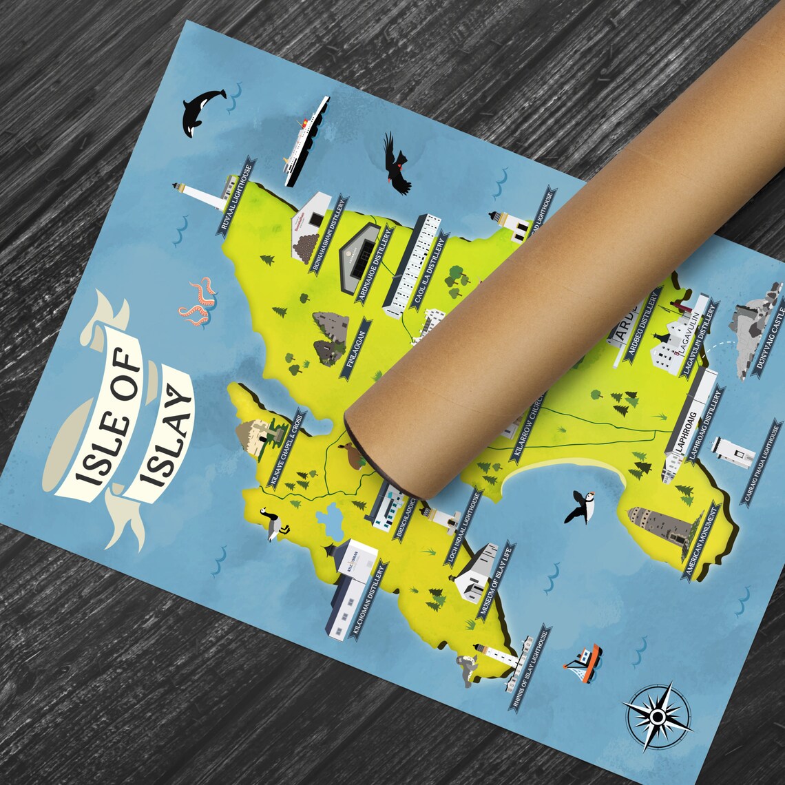 Isle of Islay Map | Pictorial Lighthouse Poster | Whisky Distilleries ...