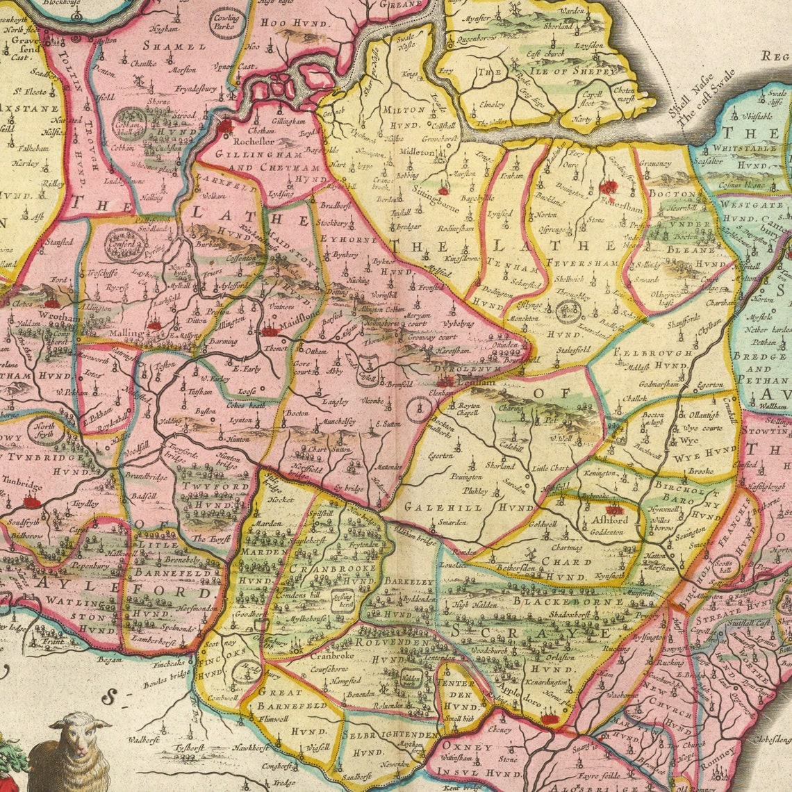 Old Map of Kent | 1665 | Joan Blaeu | Maidstone | Gillingham | Chatham ...