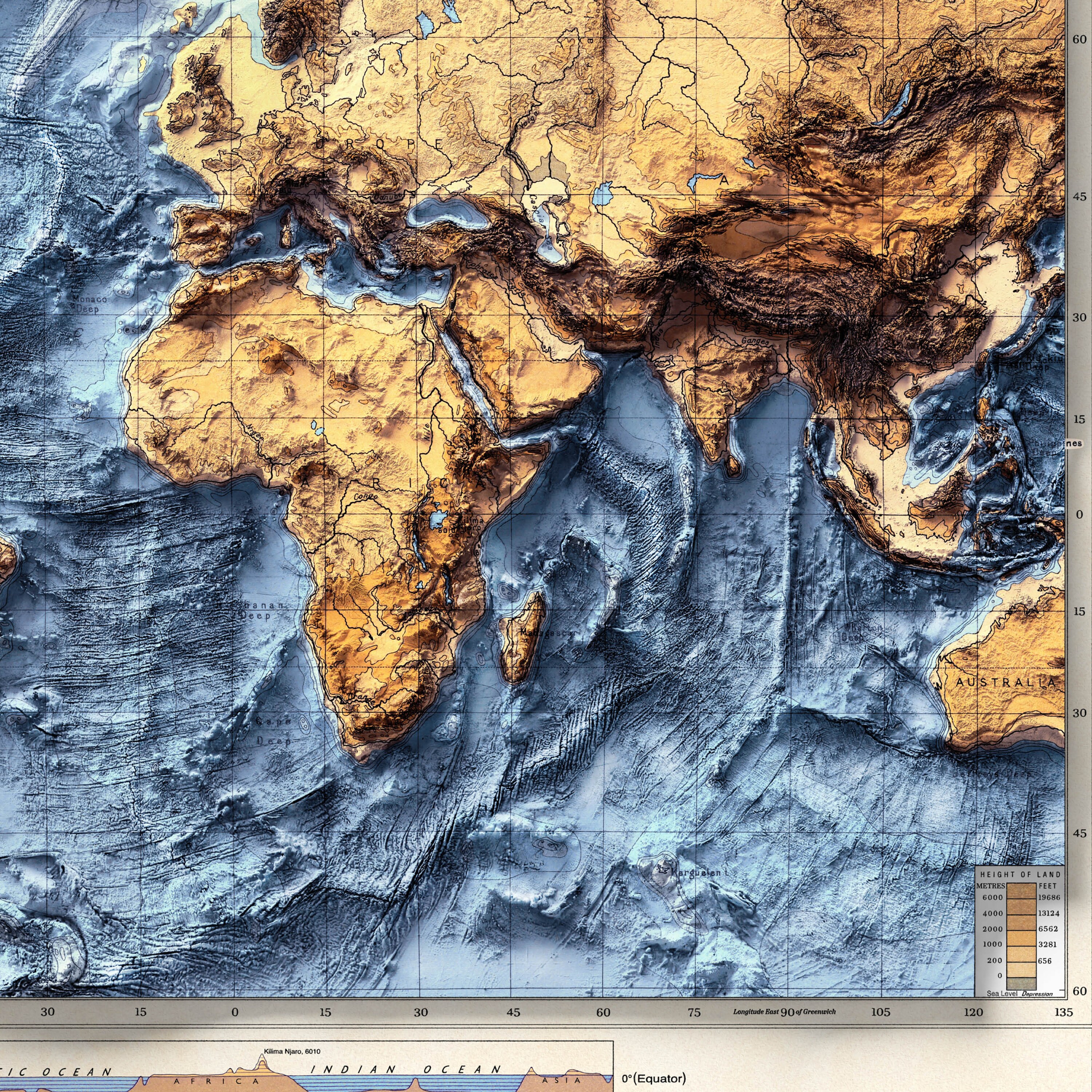 World Bathymetry - Shaded Relief Map - Detailed Topography - Vintage ...