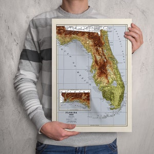 Florida Map - Vintage Style 1882 Elevation Map - 2D Print With 3D ...