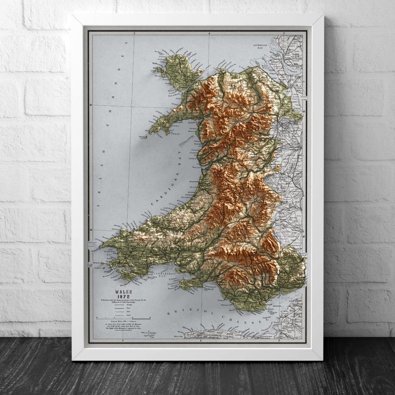 Wales Map - Vintage Cymru Elevation Map - 1872 - 2D Welsh Poster - 3D ...