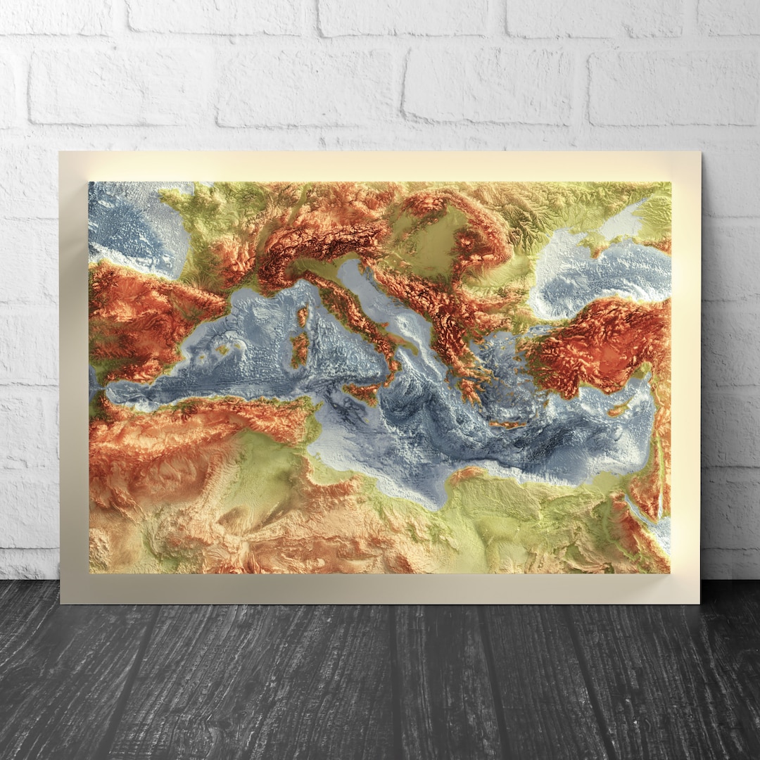 Mediterranean Bathymetry Print - Topographical Map -europe - Italy ...
