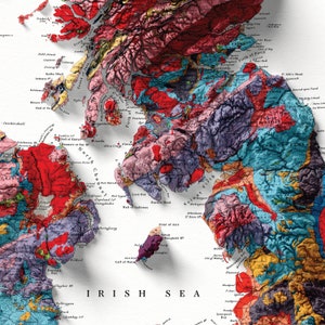 British Islands Geology Elevation Map - 2D Relief Map Print With 3D ...