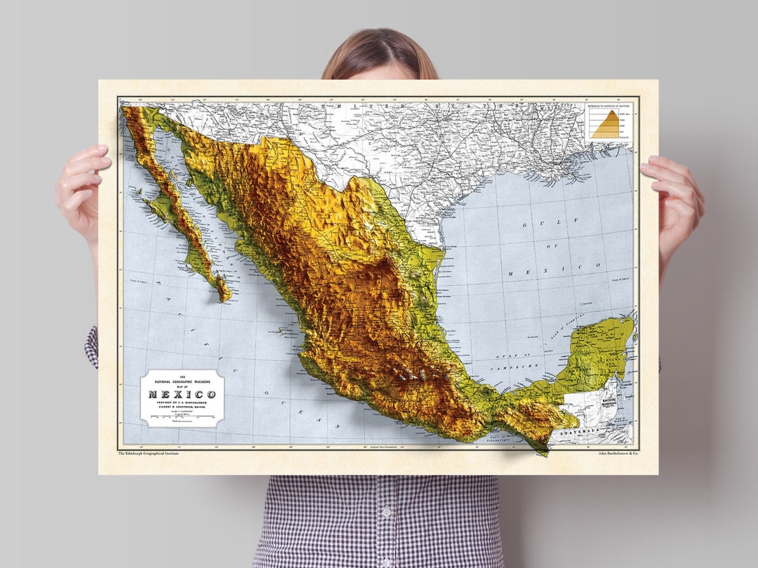 Mexico Topographic Map - 2D Giclée Print - 3D Effect Shaded Relief ...