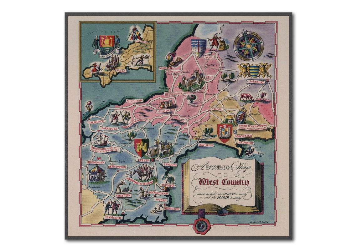 South West England Pictorial Map | A Dunlop Map of the West Country ...