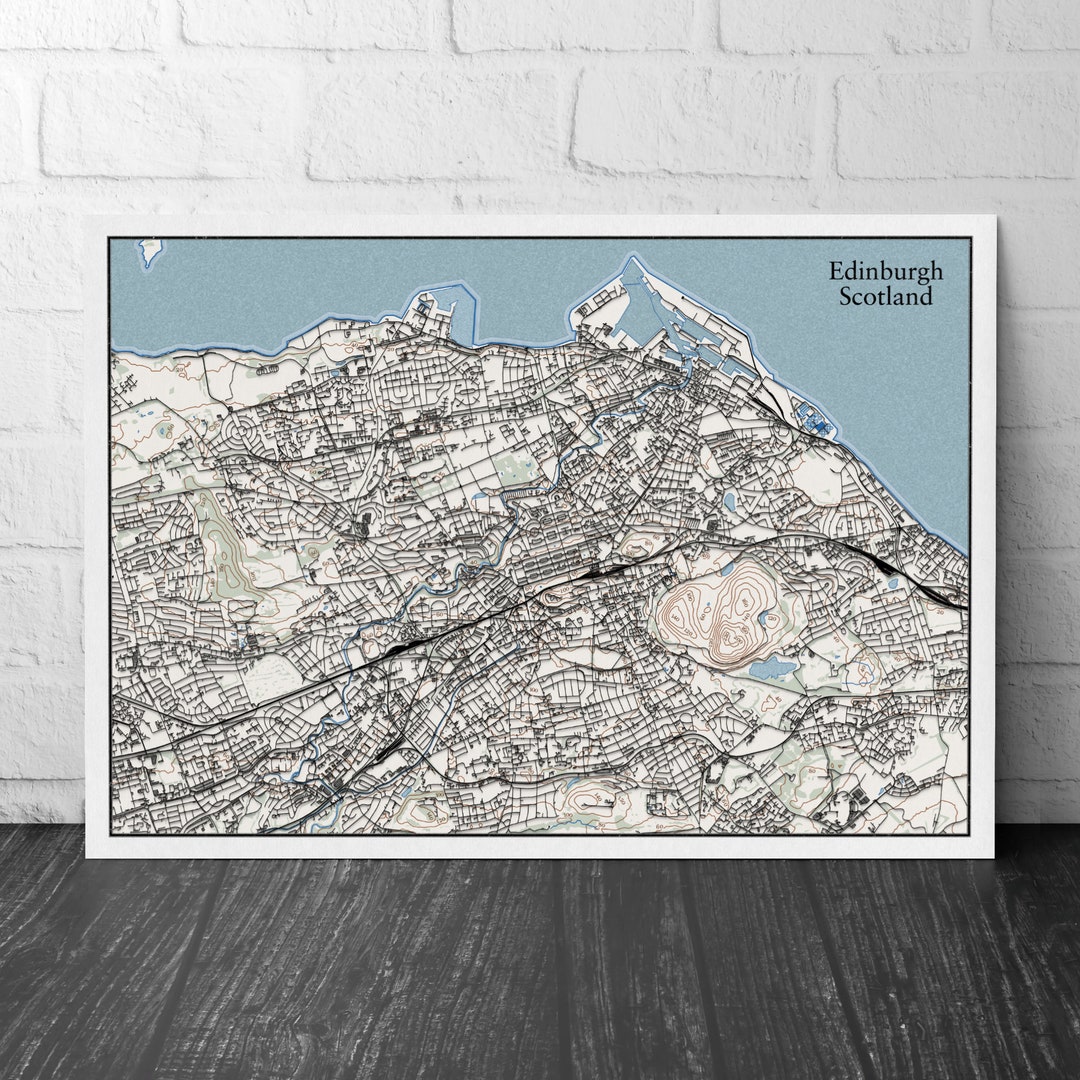 Edinburgh Topographic Contour Map With 3D Illusion - Scotland, United ...