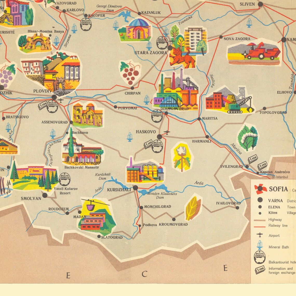 Bulgaria Tourist Map - Old Print of Bulgaria - Berkovista - Rousse ...