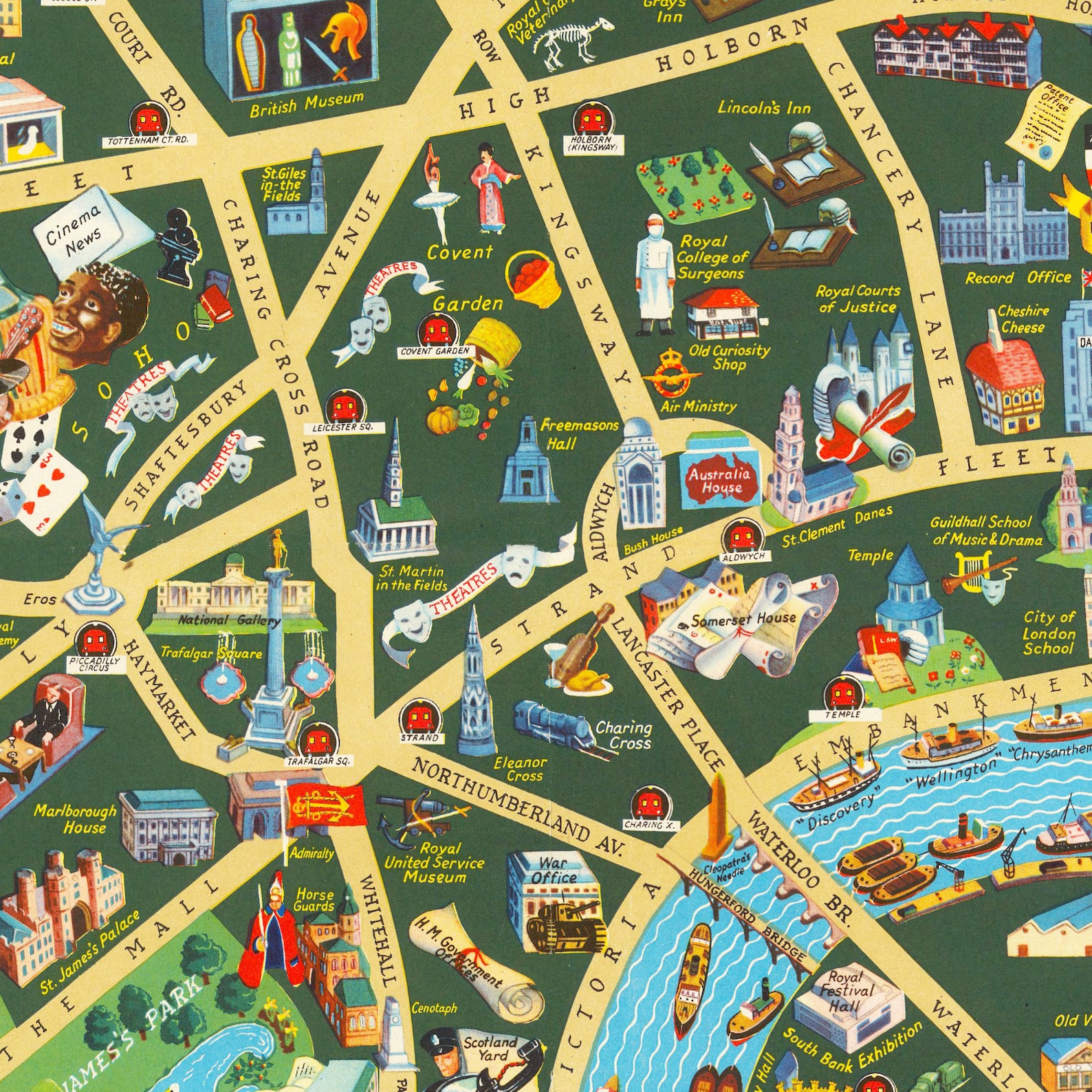 Old Pictorial Map of London - the Daily Telegraph Picture Map of London ...