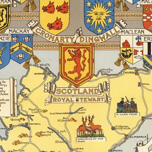 Historical Map of Scotland - 1950 Pictorial Scottish Map - Family Coats ...