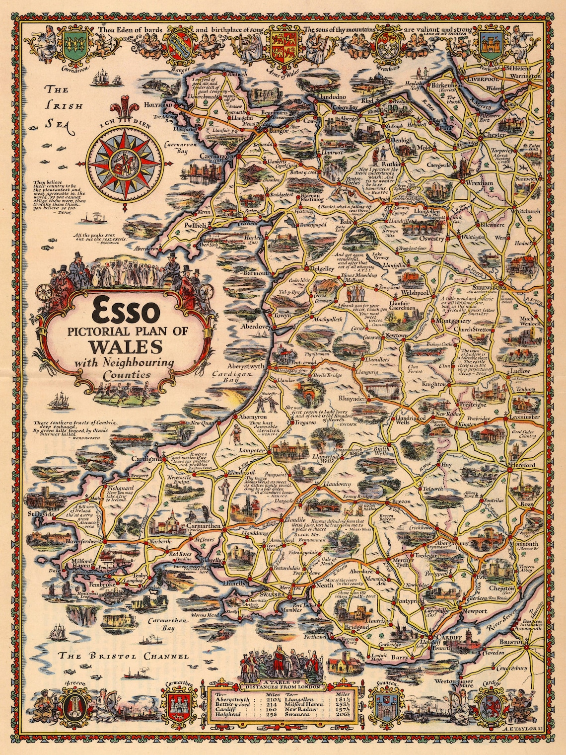 Wales Map - Pictorial Plan of Wales | Vintage Antique | 1932 | Old Map ...