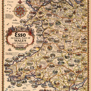 Wales Map - Pictorial Plan of Wales | Vintage Antique | 1932 | Old Map ...