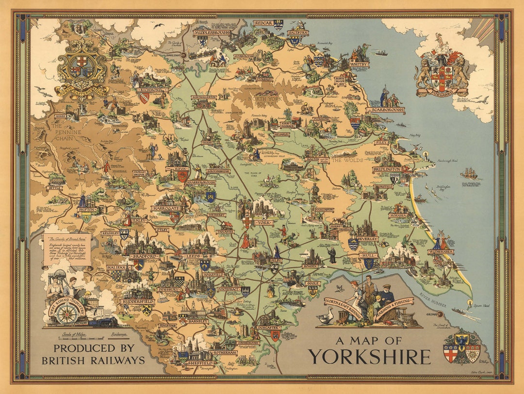 Old Map of Yorkshire | Vintage England | British Map | Pictorial Map ...