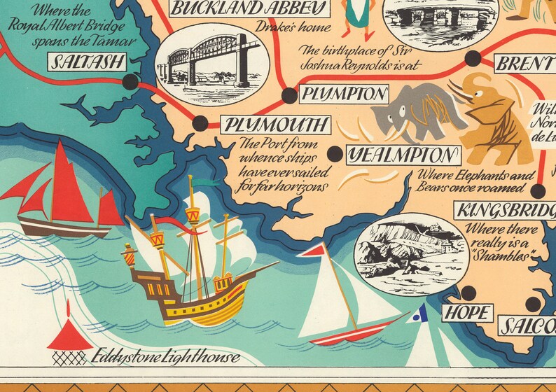 Devon Pictorial Map Vintage Antique 1950 Old Map Wall | Etsy