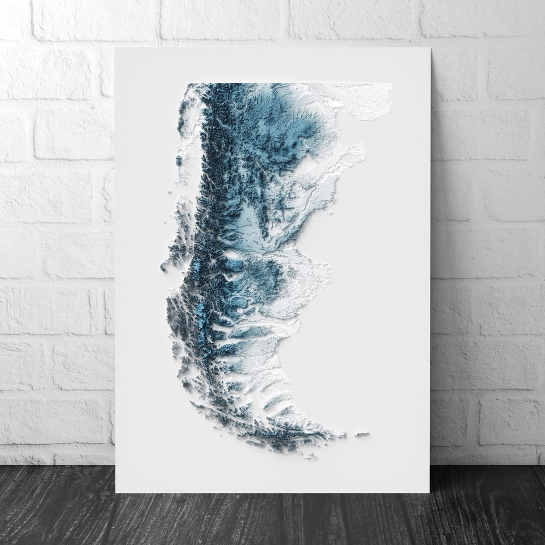 Patagonia Art Relief Map - 2D Shaded Relief Map - Retro Map - Wall Art ...