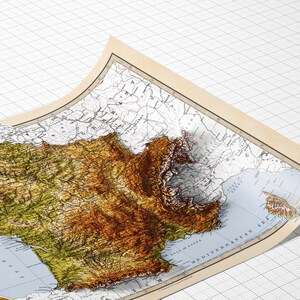 France & Switzerland Map - Elevation Map - 2D Vintage Poster - 3D ...