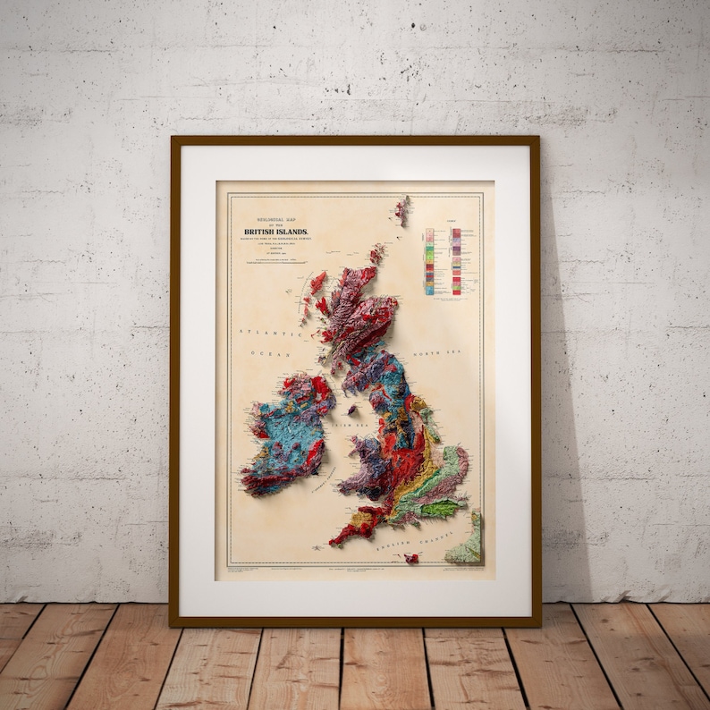 British Islands Geology Elevation Map - 2D Giclée Vintage United ...