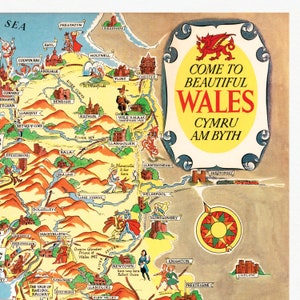 Wales Pictorial Map | Old Map Wall Print | Holyhead | Llandudno | Rhyl ...