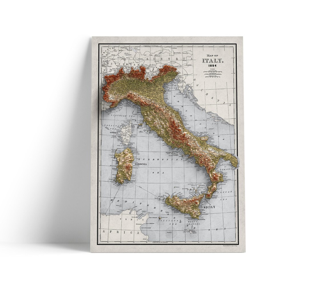 Italy Map - 1894 Vintage Italy Shaded Relief Map - Lombardy - Emilia ...